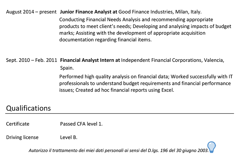 Italy CV Sample page 2 | CareerProfessor.works